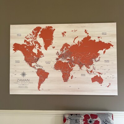 Modern Wood Push Pin Map of World on Canvas With Personalized Legend ...