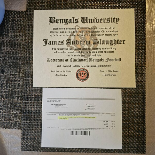 AFC Central #1 Fan Diploma Certificate for Man Cave Pittsburgh ...