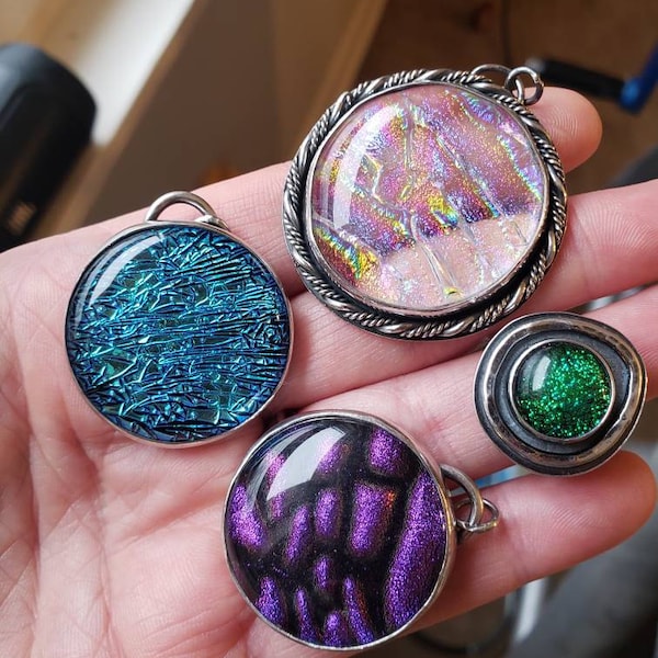 Dark Blue Dichroic Glass Cabochon, 38mm Art Glass Cabochon, Unique ...