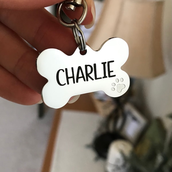 Personalized Dog Bone ID Tag: Stainless Steel Pet Collar Tag With Paw ...