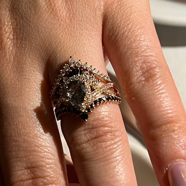 Vintage Pear Shaped Black Rutilated Quartz Engagement Ring Set Rose ...