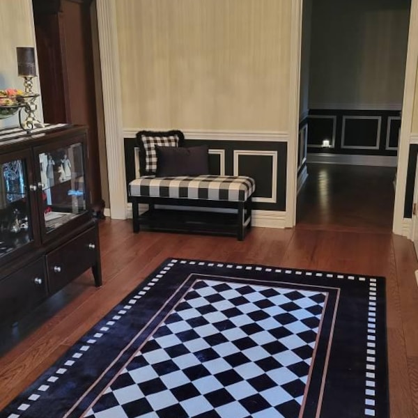 Checkered Rug, Black Border on Check Pattern Nonslip Area Rug, Black ...