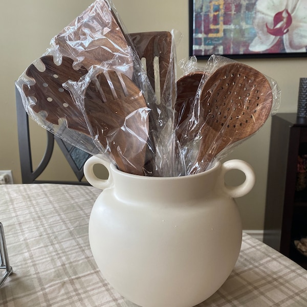 Rustic Kitchen Utensil Holder, White Textured Ceramic Vase, Handled ...