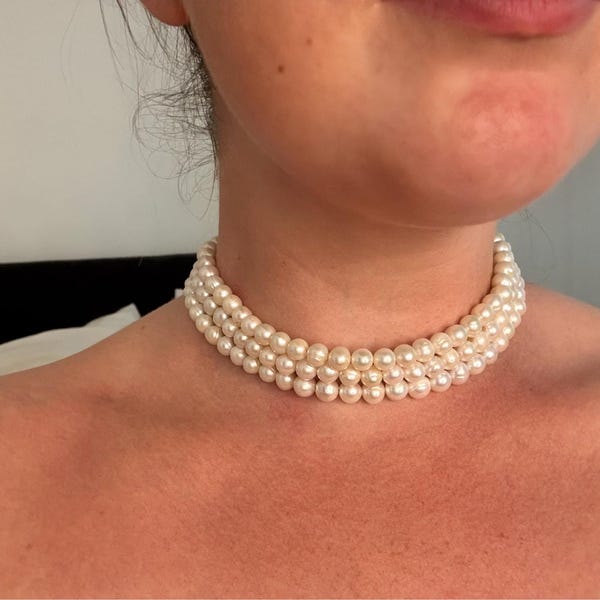 Real Freshwater Pearl Choker Necklace, 3 Layered Pearl Choker, Bridal Choker, Wedding Necklace ...