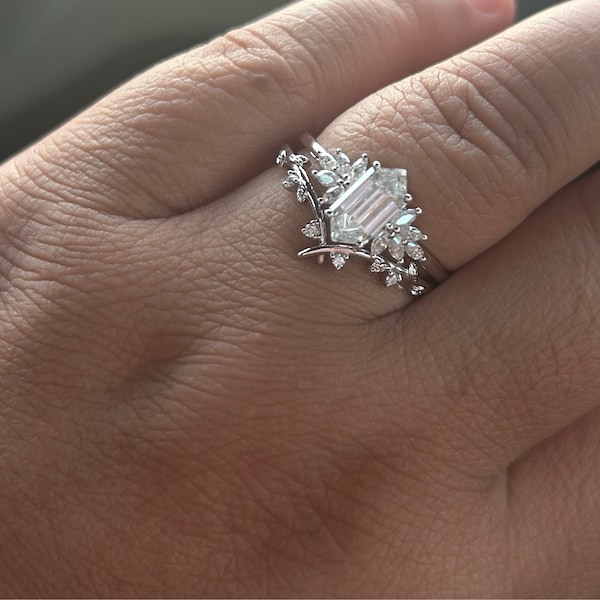 2pcs Emerald Cut Moissanite Engagement Ring Rose Gold Cluster ...