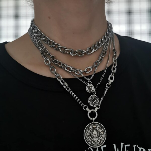 Chunky Multi Layer Silver Necklace for Women in Stainless Steel With ...