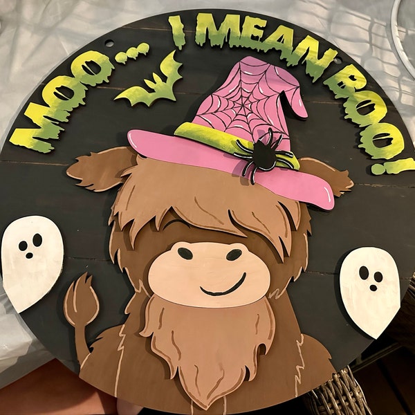 Moo I Mean Boo Door Hanger | Halloween Highland Cow Porch Decor | DIY ...