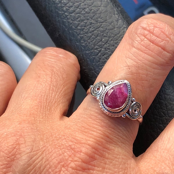 Teardrop Swirl Ruby Sterling Silver Ring, Genuine Ruby Stackable Ring ...