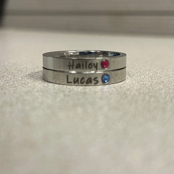Engraved Stacking Name Ring With Birthstone, Personalized Stackable ...