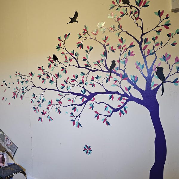 Blowing Tree Wall Decal, Cherry Blossom Tree Wall Decal, Tree Wall Art ...