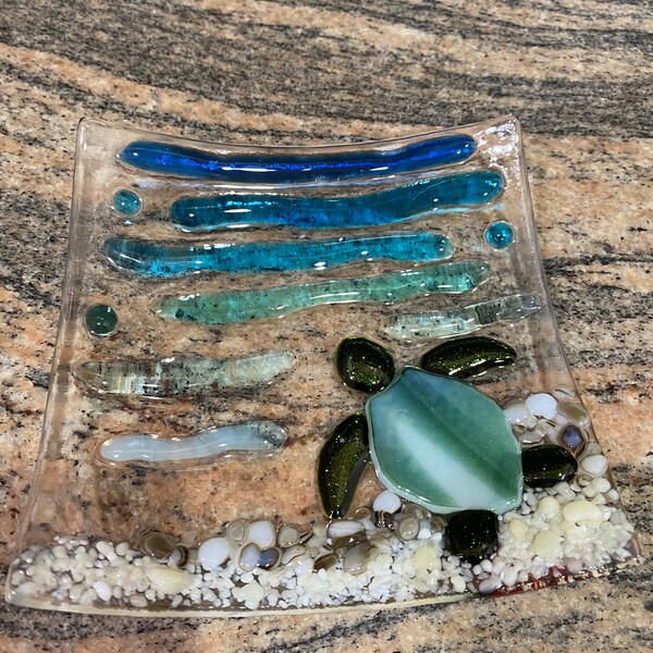 Fused Glass Sea Turtle Plate, Beach Glass Dish, Hawaiian Green Turtle ...