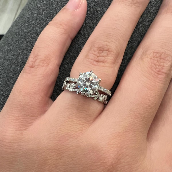 2CT Round Diamond Moissanite Engagement Ring, Lotus Prong Ring, Petal ...