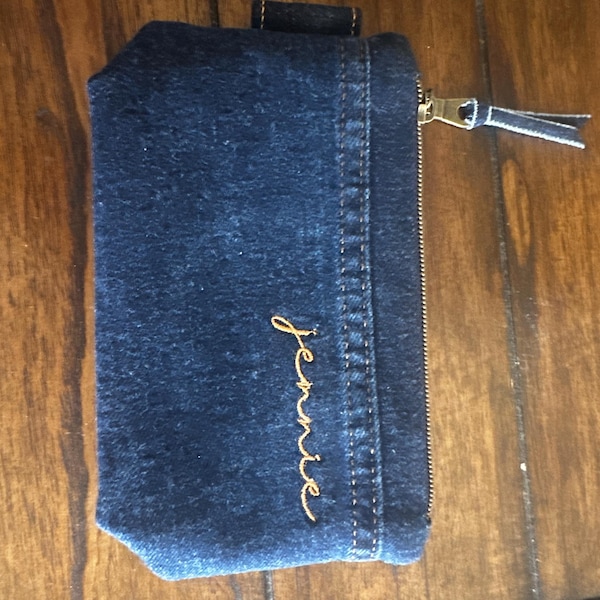 Personalized Upcycled Denim Zipper Pouch: Embroidered Makeup Bag Made ...