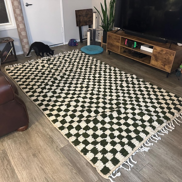Large Green and White Checkered Rug, Moroccan Berber Checkered Rug ...