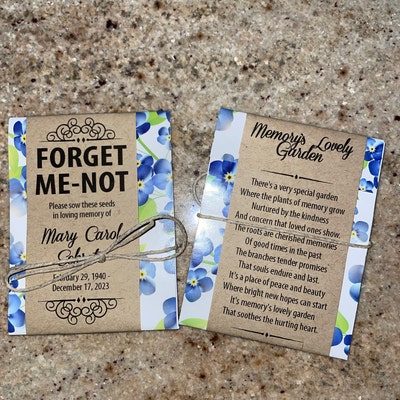 Personalized Memorial Forget-me-not Seed Packets With Blue Floral Wrap ...