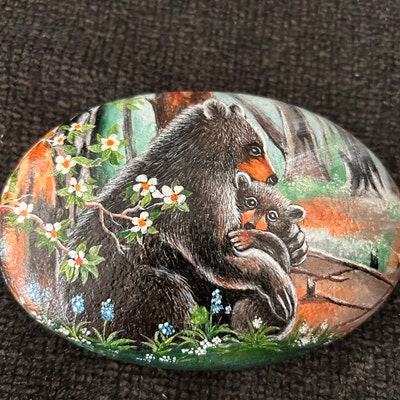 Black Bears on a Rock,gift for Mom Painted Rocks,bears Art, Gift for ...
