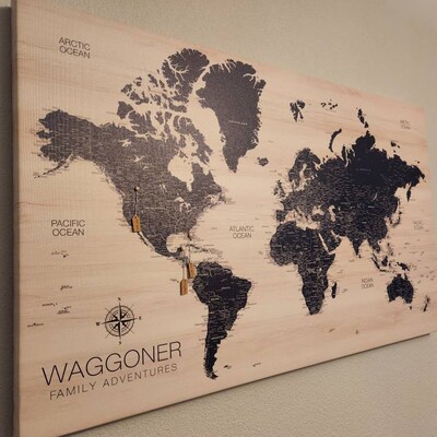 Modern Wood Push Pin Map of World on Canvas With Personalized Legend ...
