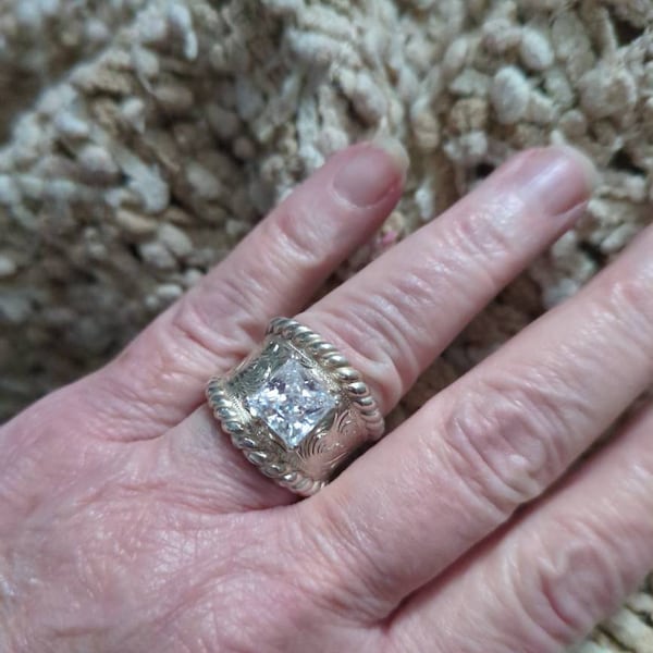 Sterling Silver Hand Engraved Western Square Stone Engagement Ring ...