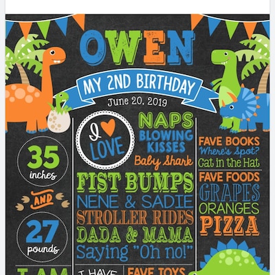 Dinosaur Birthday Board Printable DIGITAL FILE Orange, Green & Blue ...