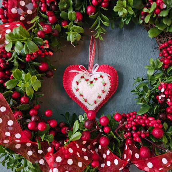 Wool Felt Heart Ornament, Embroidered Valentine Heart, Flowered Felt ...