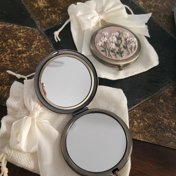 Wild Flower Embroidered Compact Mirror Comes With a Drawstring Bag ...
