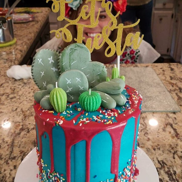 Let's Fiesta Gold Glitter Cake Topper for Birthday Party, Baby Shower ...