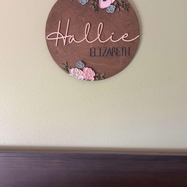3D Round Circle Boho Wood Name Sign Girls Room Nursery Floral Flowers ...