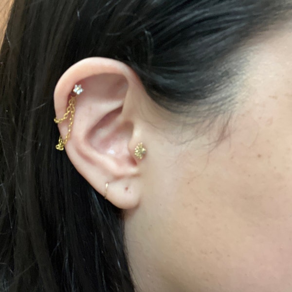 16g Dainty Flower Helix Double Chain Ear Stud, Flat Back Chain Hoop ...