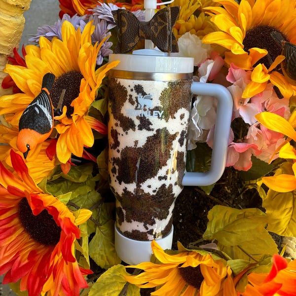 Custom Cow Hide Authentic Stanley Tumbler Epoxy Glitter Brown Cow