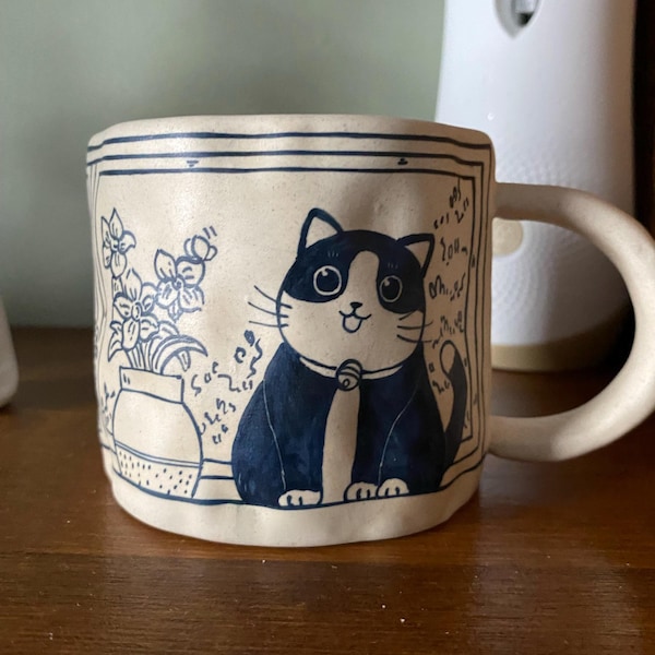 Cute Cat Coffee Mug Leisurely Cat 17oz Handmade Cat Mug Pottery Mug Cat ...