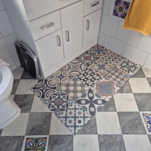 Parquet Vinyl Runner Rug, White Floor Mat in Herringbone Pattern for ...