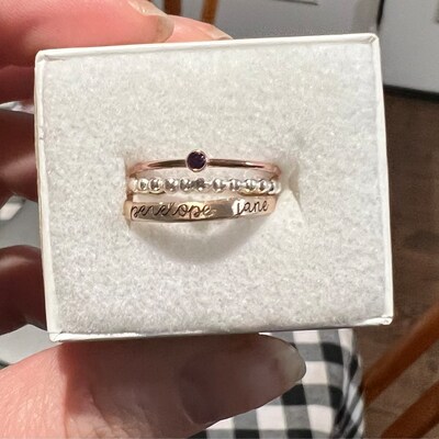 Cursive Name Ring Set, Name and Birthstone Rings, Gold Name Rings ...