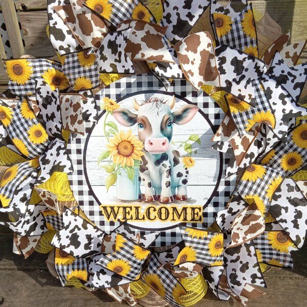 Sunflower Shiplap Baby Cow Welcome Wreath Sign, Buffalo Check Young Cow ...