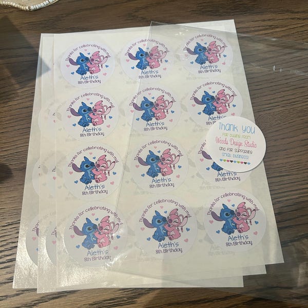 Stitch Lilo Angel Birthday Stickers, Personalized Round Sticker Labels ...