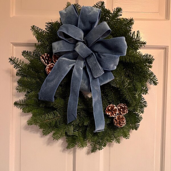 Smoke Blue Deluxe Velvet Christmas Bow , Large Blue Wreath Bow , Front ...