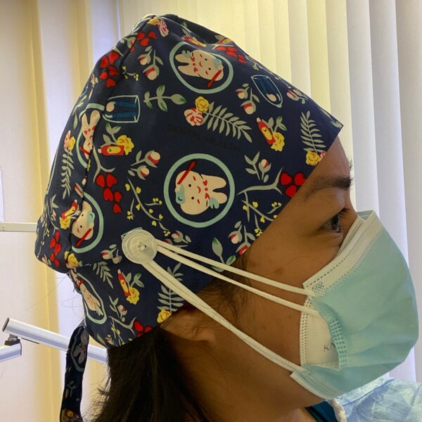 Dentist Surgical Scrub Cap Hat With Buttons, Tooth Print Surgical Scrub ...