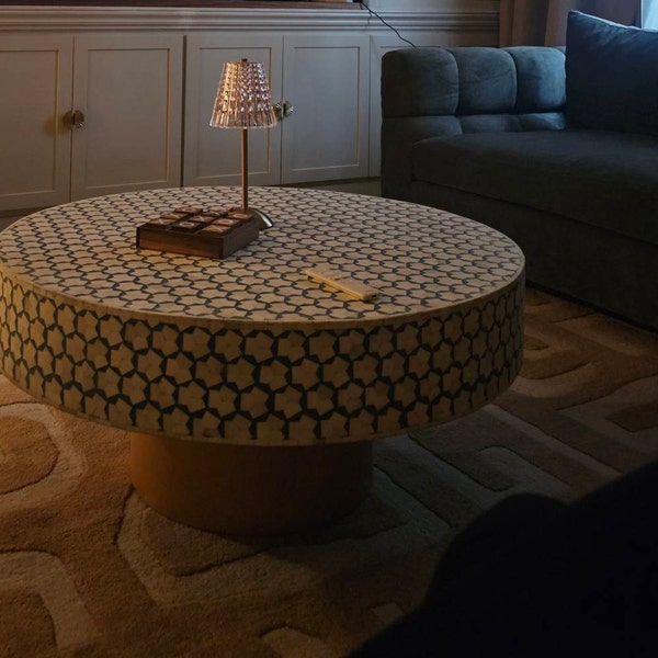 Handmade Wooden Bone Inlay Dining Table / Round Dining Table in Floral ...