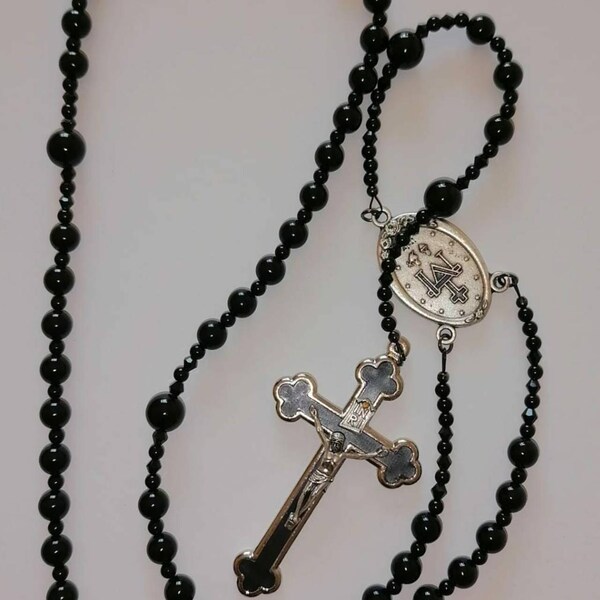 Mens BLACK Onyx 24" Rosary Papal Cross Ferula Catholic Necklace BLACK ...