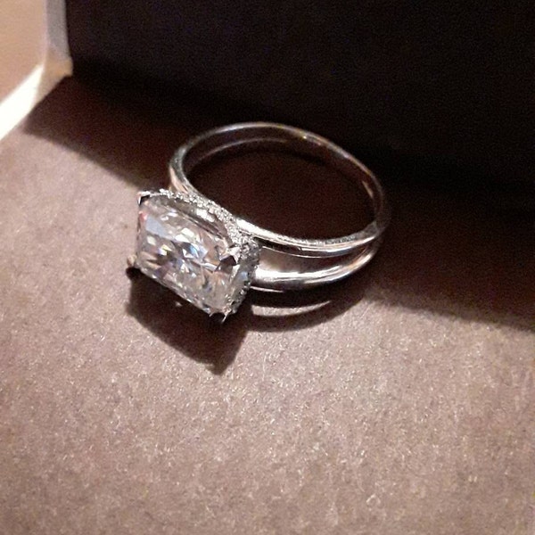 Bezel Set Moissanite Ring Three Stone Moissanite Unique Engagement Ring 2.30 CTW White Emerald ...