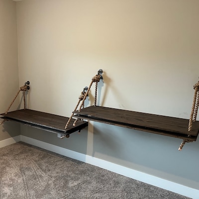 2 Level Rope & Pipe Desk Farmhouse Suspended Wood Wall Mounted Standing ...