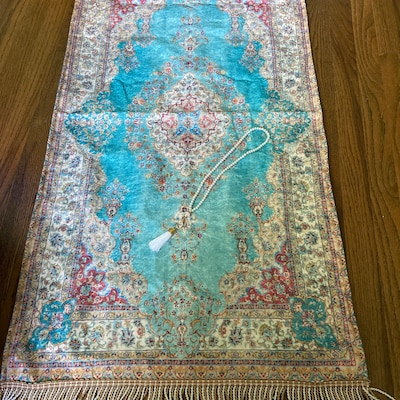 Soft Turquoise Prayer Mat With Tasbeeh, Prayer Bohemian Rug, Turkish ...