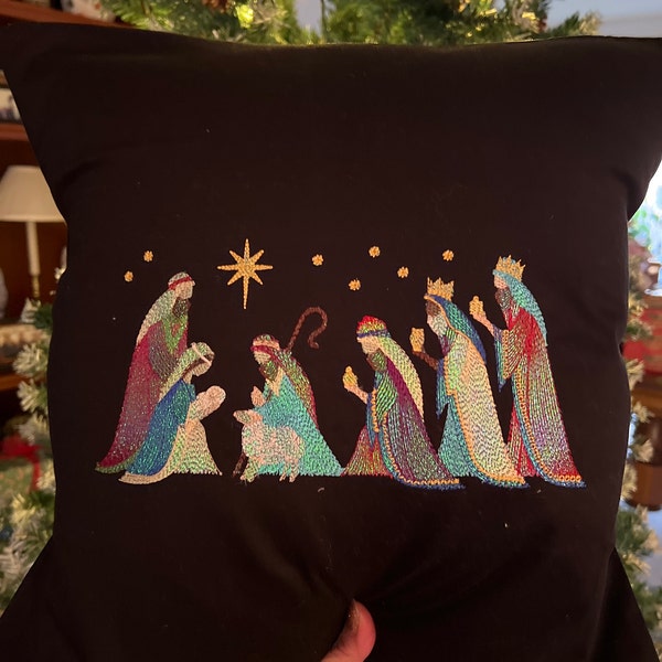 Nativity Scene Embroidered Christmas Pillow Cover, Holiday Pillow Cover ...
