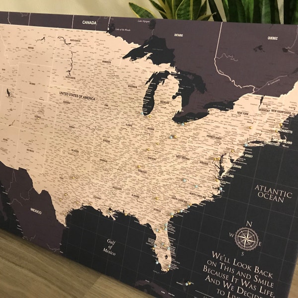 Navy USA Push Pin Map Personalized Canvas, Custom Travel Map, Detailed ...