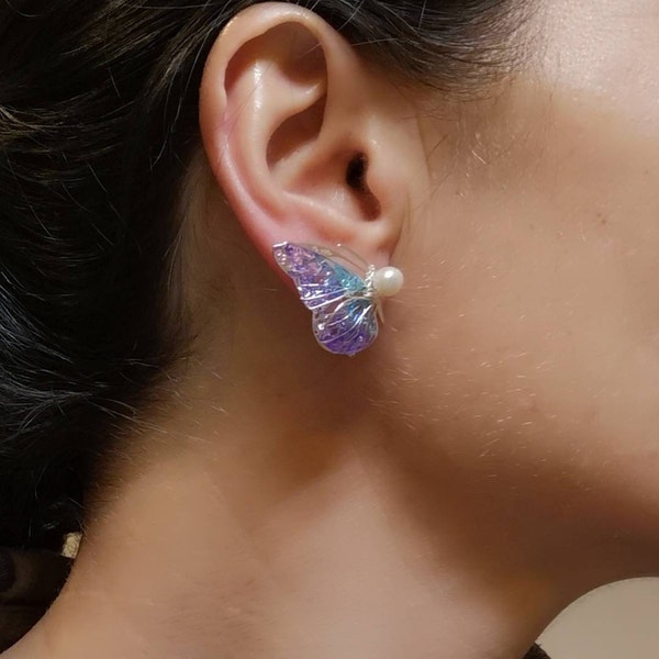 Handmade Creative Earring Multi-color Butterfly Earrings Pearl Wing ...