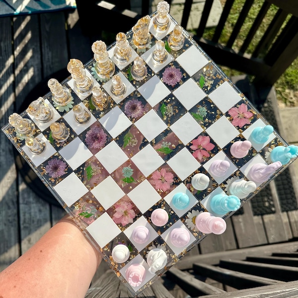 Custom Resin Chess Set~ Real Flower Chess Board Set ~ Real Flower Chess ...