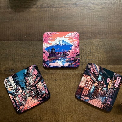 Tranquility Japanese Cherry Blossom Cork Back Coaster Traditional Art ...
