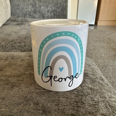 Personalised Rainbow Money Box, Pink or Blue Ceramic Piggy Bank for ...