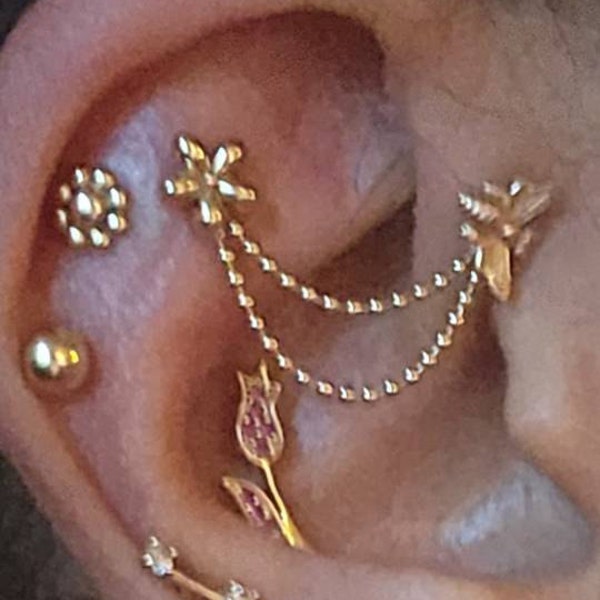 14K Solid Gold Chain Attachment Beaded Chain Dangle Ear Jacket Chain ...