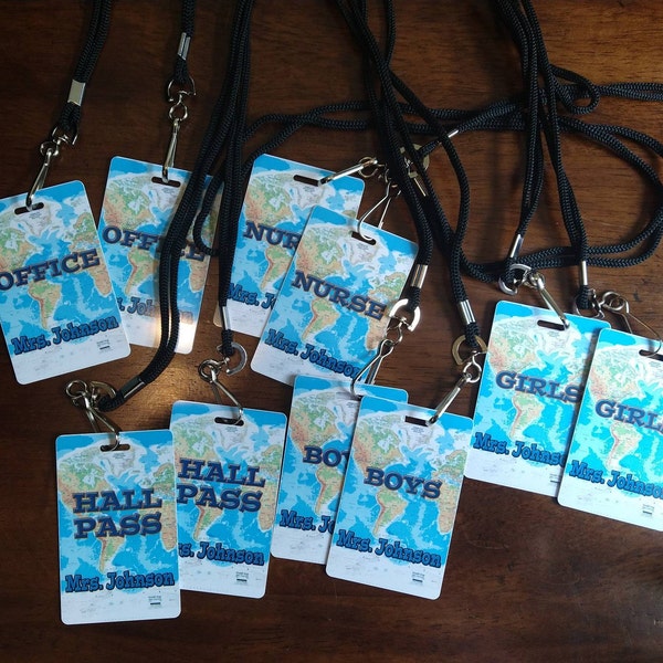 World Map Theme Classroom Hall Passes for Teachers, Personalized, Set ...