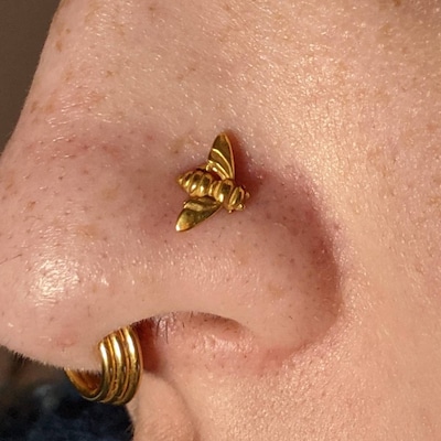 Gold Bee Nose Stud Yellow Gold Bee Nose Screw Insect Nostril Jewelry ...